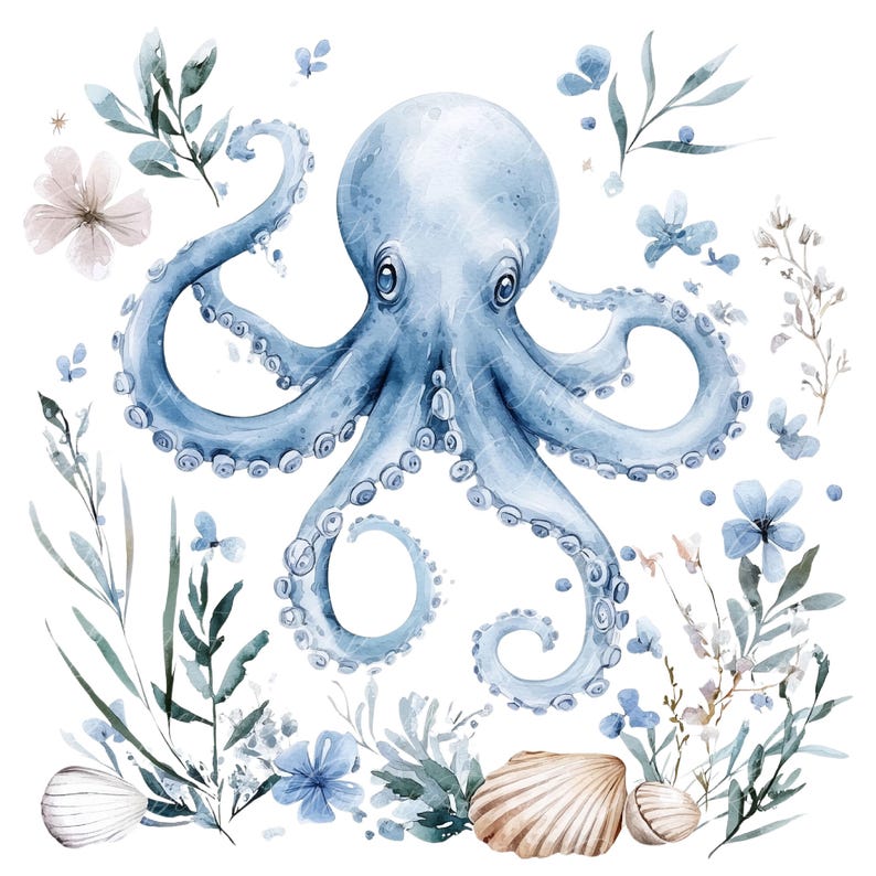 Watercolor Octopus Clipart: Nautical Coastal PNG Images (digital ...