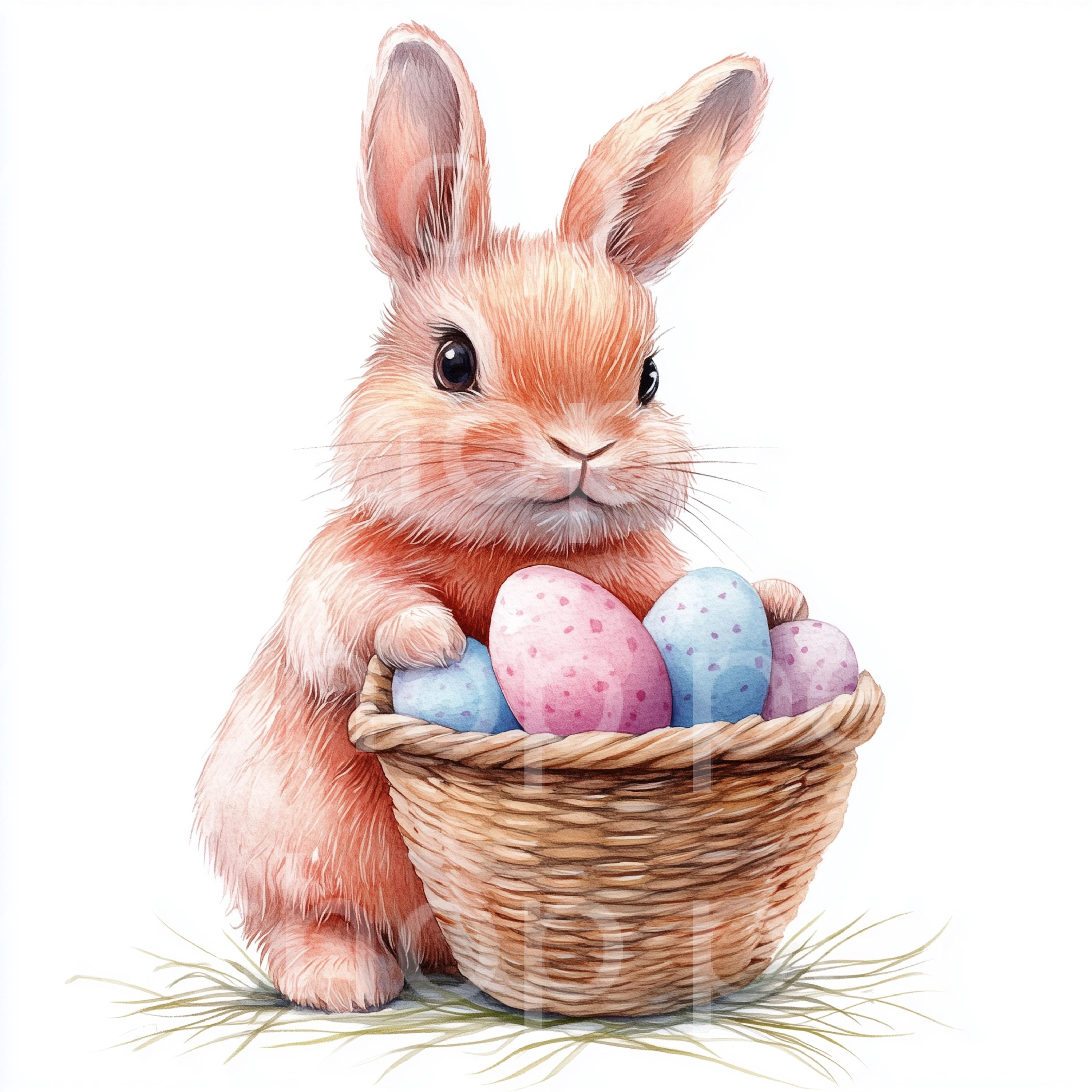 Pink Easter Bunny Clipart: Watercolor Rabbit With Basket (digital ...