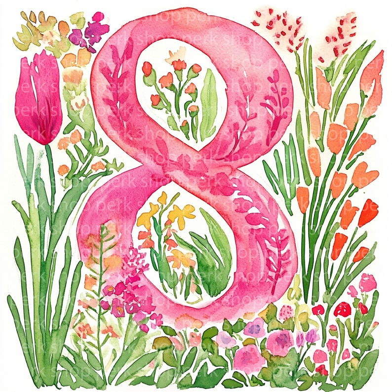 8th March Clipart, 8 Spring Flowers Watercolor, Women's Day Digital ...