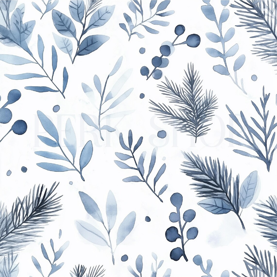 24 Winter Digital Paper, Blue Watercolor Botanical Clipart, Printable ...