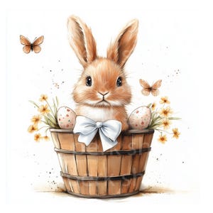 Easter Bunny Clipart, Spring Rabbit With Basket Flowers, Scrapbooking ...