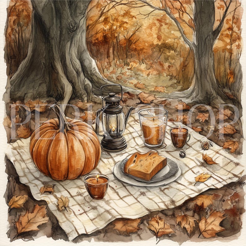 Autumn Pumpkin Picnic Watercolor Art: Fall Harvest Clipart (digital ...