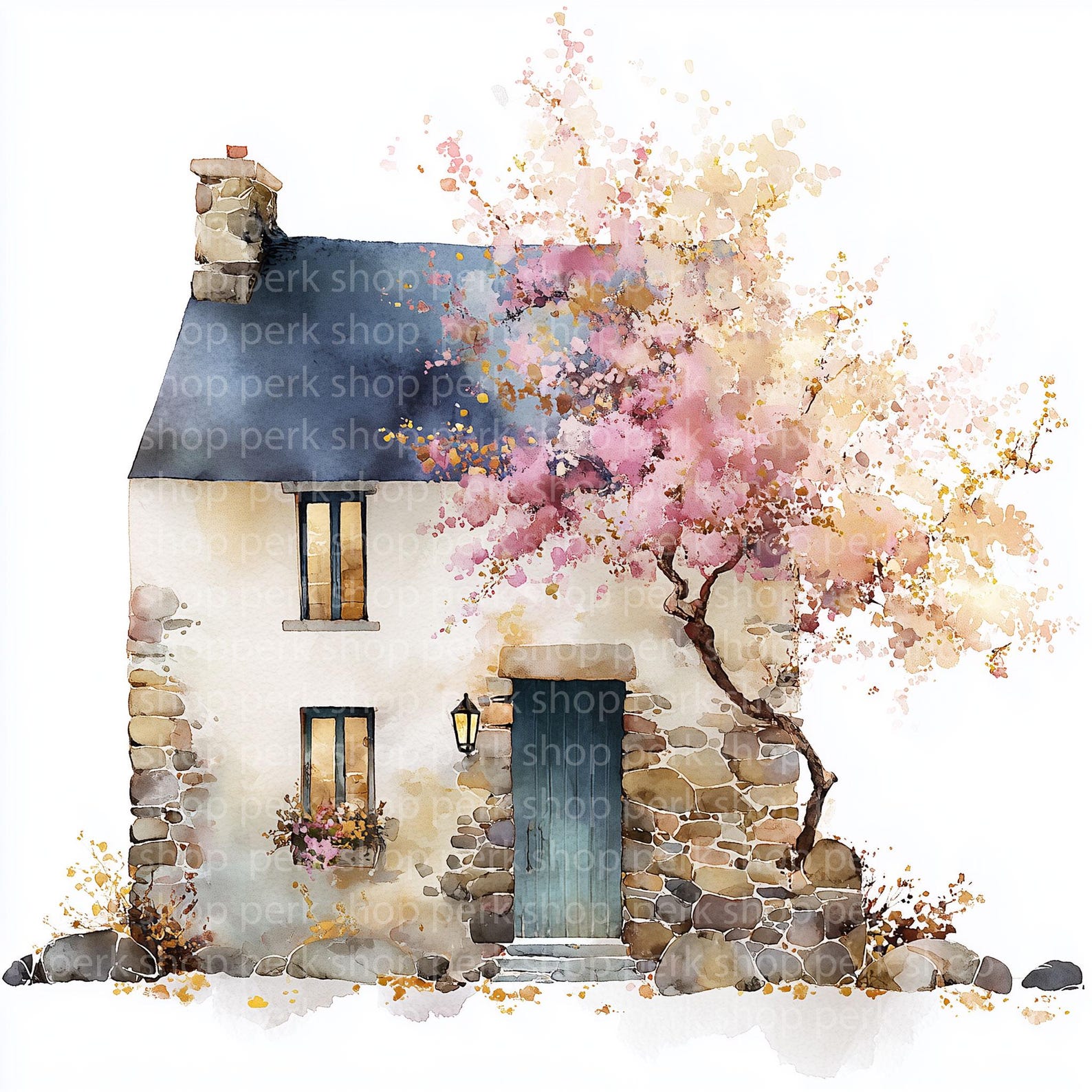 Spring Cottage Watercolor House, Blooming Tree Illustration, Cozy ...