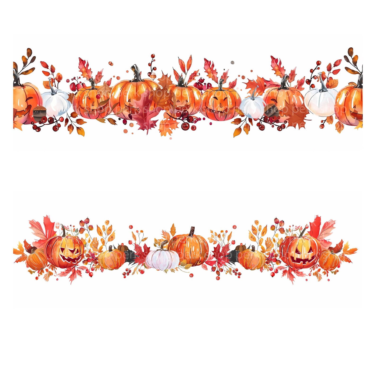 Autumn Pumpkin Border Clipart, Fall Watercolor Leaves Garland PNG ...