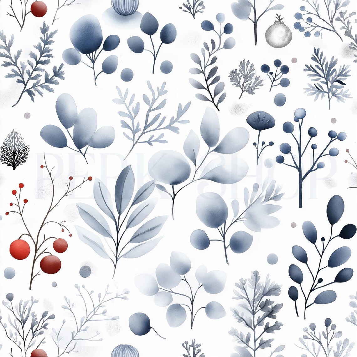 24 Winter Digital Paper, Blue Watercolor Botanical Clipart, Printable ...