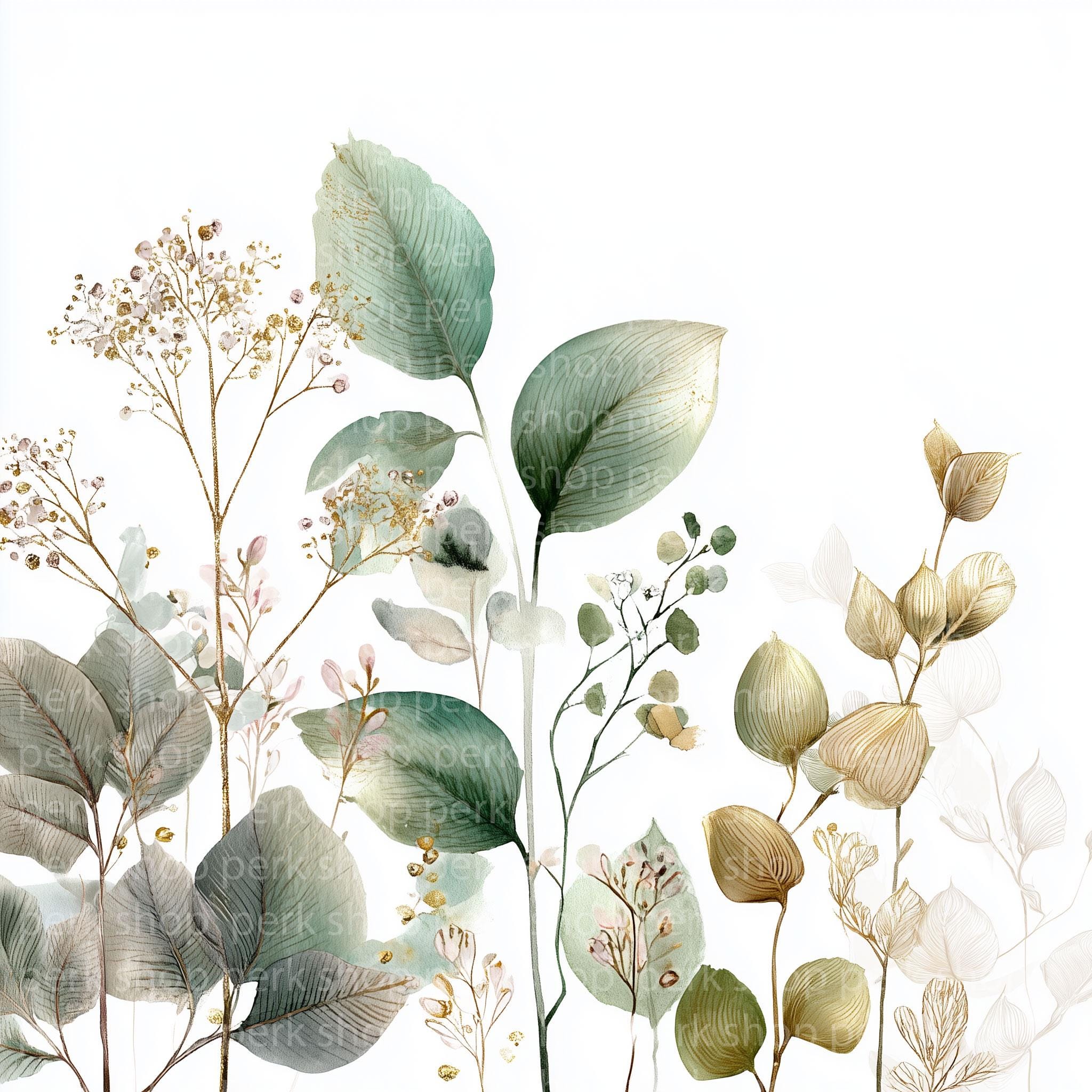 Green Leaves Watercolor Border Clipart, Greenery Wedding Digital Paper ...
