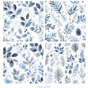 24 Winter Digital Paper, Blue Watercolor Botanical Clipart, Printable ...