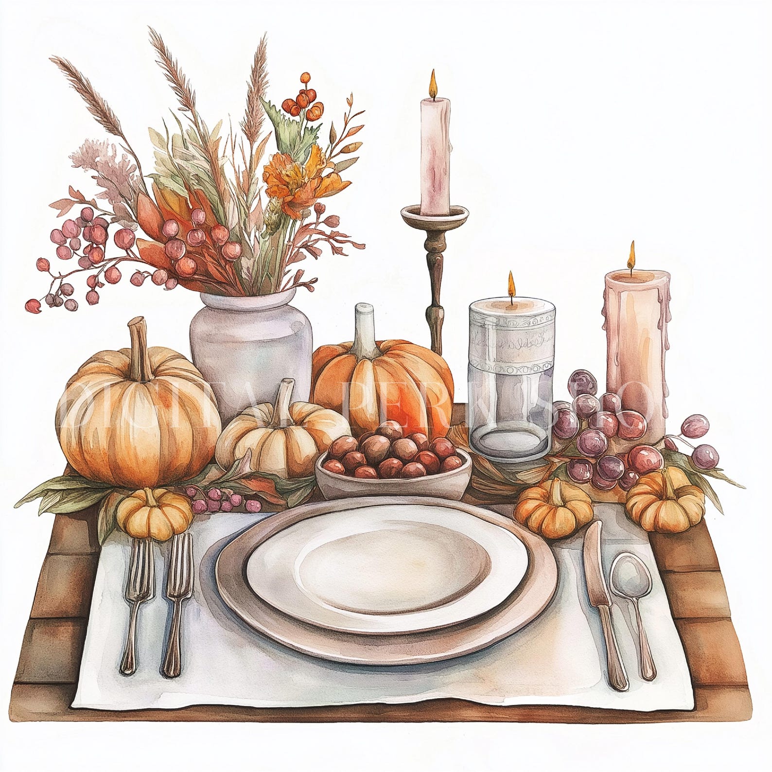 Watercolor Thanksgiving Table Clipart: Autumn Pumpkin Decor (digital ...