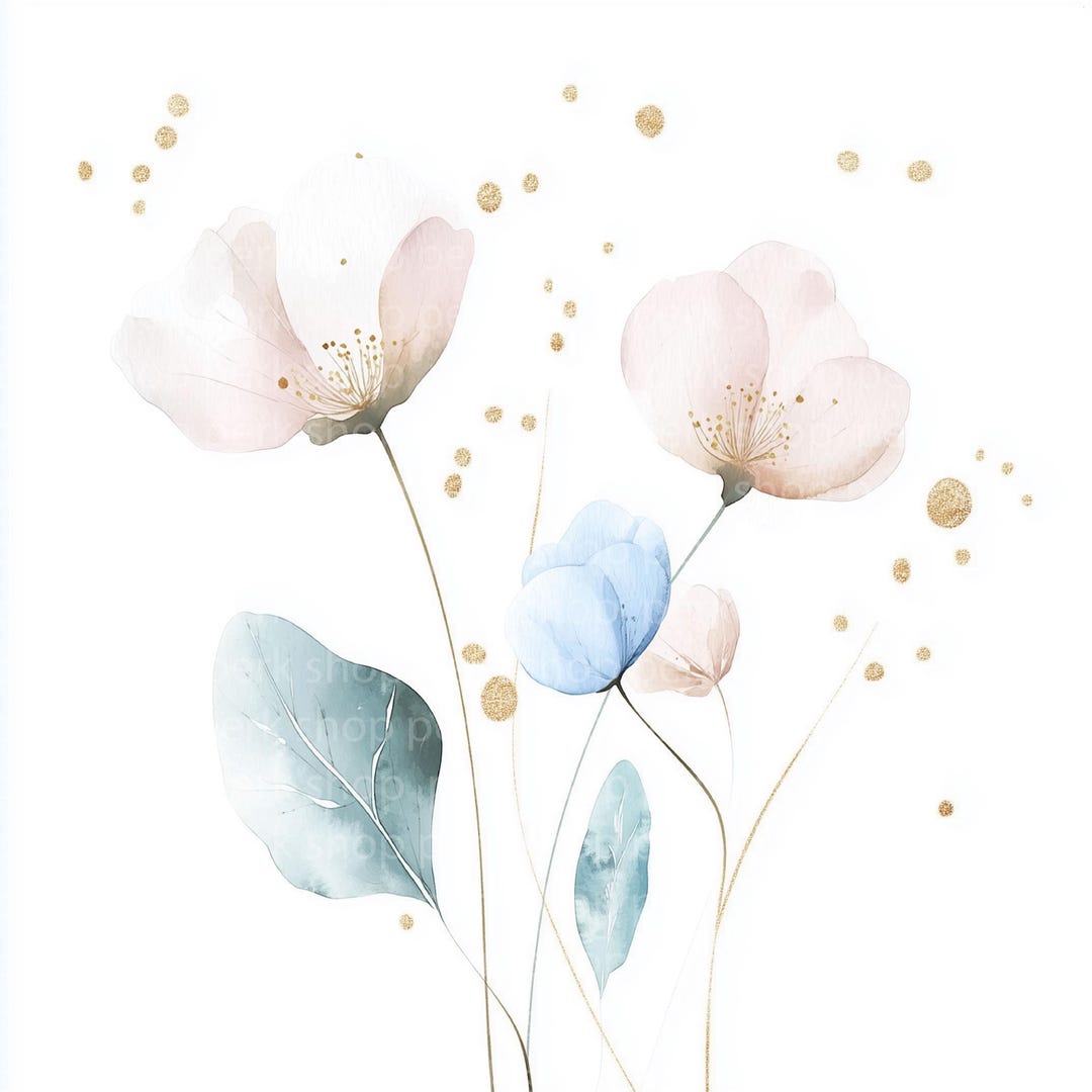 Watercolor Floral Clipart: Pink, Blue & Gold Flowers (digital Download ...
