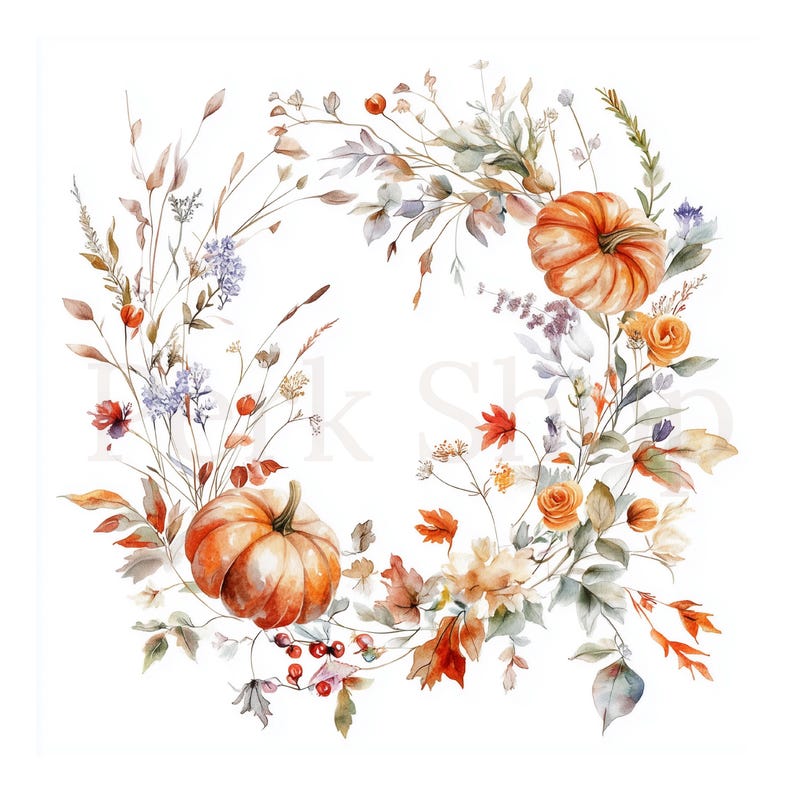 Autumn Watercolor Floral Wreaths Clipart: Fall Flowers, Leaves ...