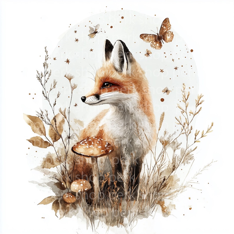 Fox Autumn Clipart: Watercolor Forest Animals, Mushroom Printables ...