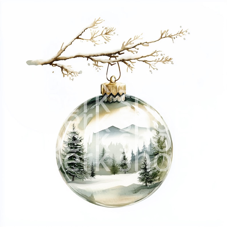 10 Christmas Tree Bauble Clipart, Winter Landscape Watercolor Art ...