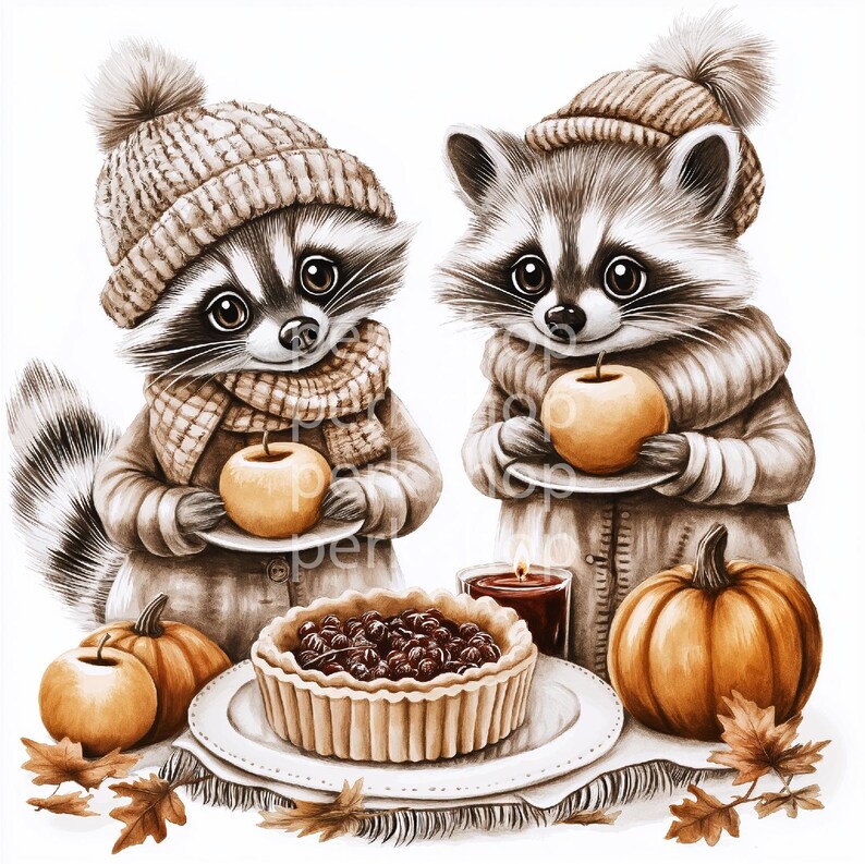 Autumn Raccoon Family Clipart, Fall Pumpkin Harvest Animal Printable ...