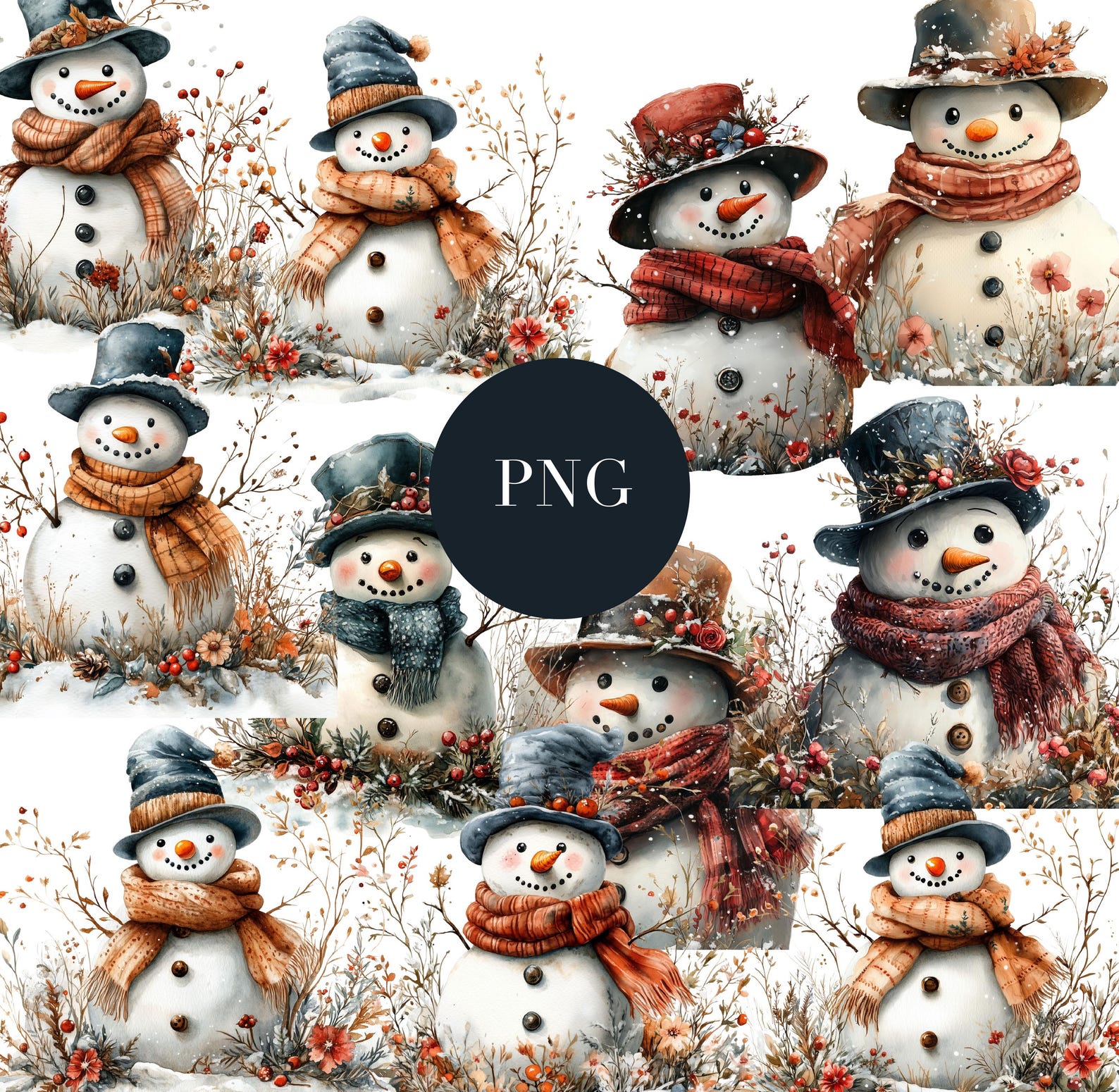 11 Vintage Snowman Clipart PNG, Christmas Clip Art, Watercolor Winter ...