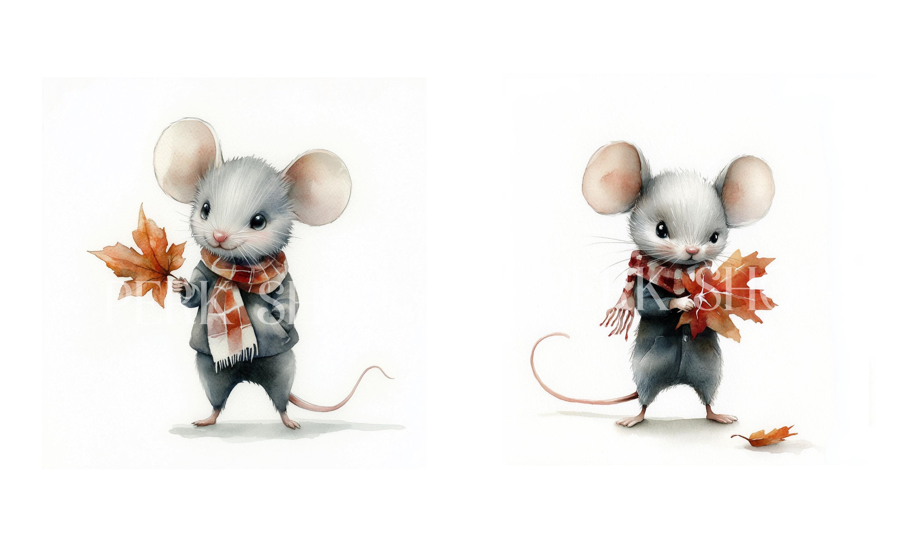 10 Cute Mouse With Autumn Leaf Clipart, Watercolor Animal, Cozy Fall ...