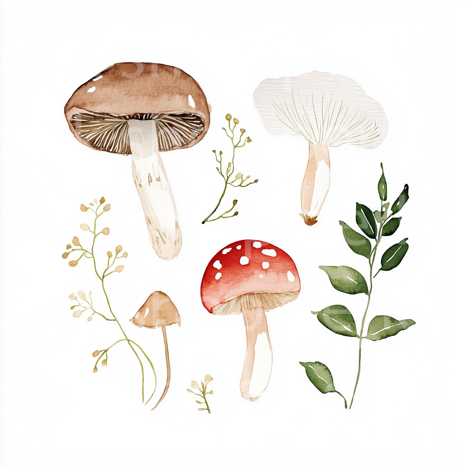 7 Woodland Mushrooms Clipart, Rustic Forest Fungi Watercolor ...
