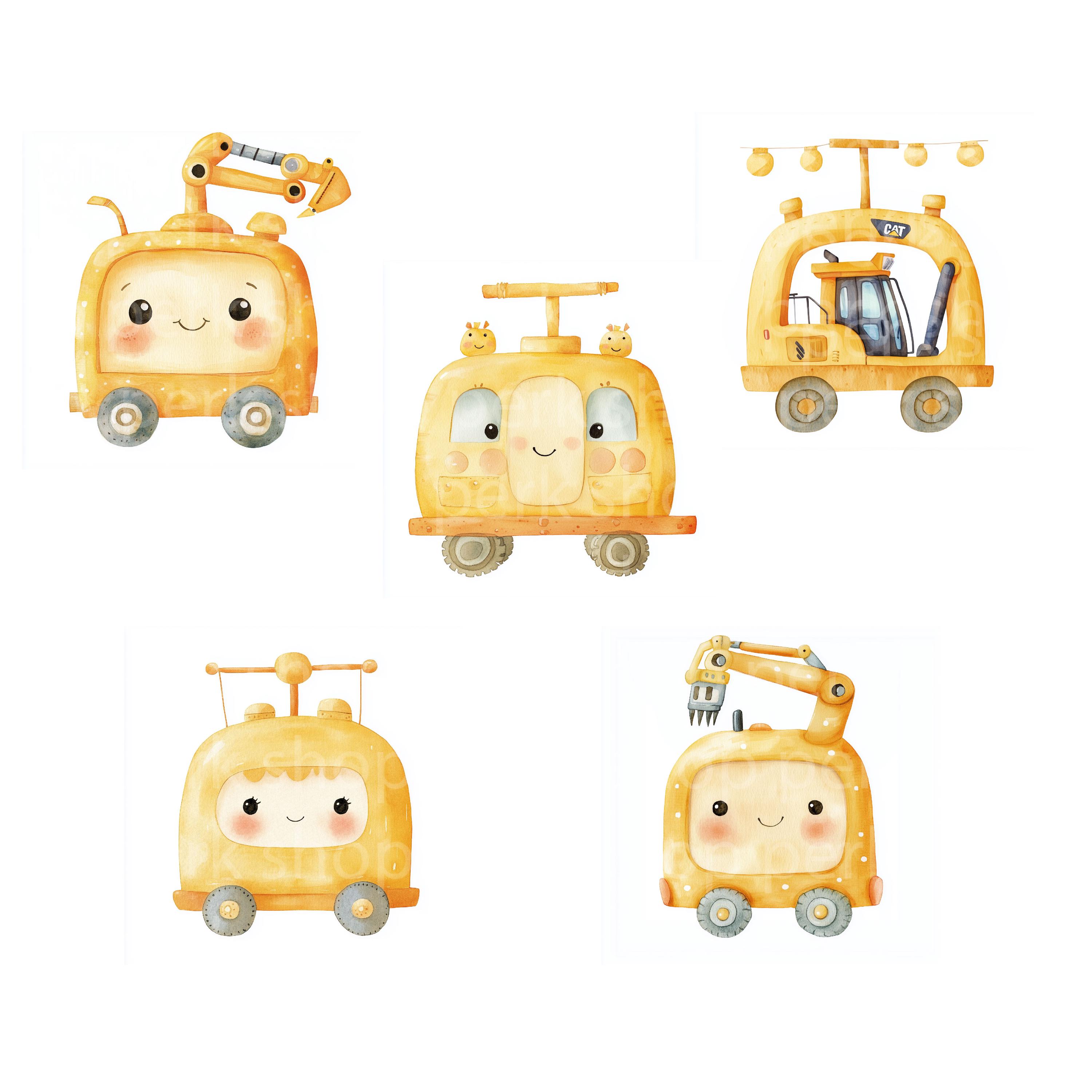 5 Cute Excavator Clipart, Kawaii Cars Illustrations, Printable Clipart ...