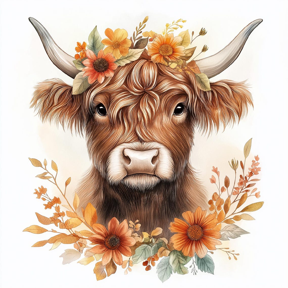 11 Highland Cow Fall Clipart, Floral Farm Animal Watercolor, Printable ...