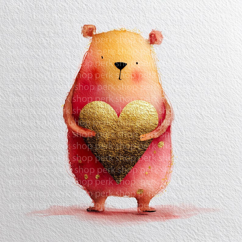 Watercolor Teddy Bear Love Clipart, Cute Bear With Heart, Pink Gold ...