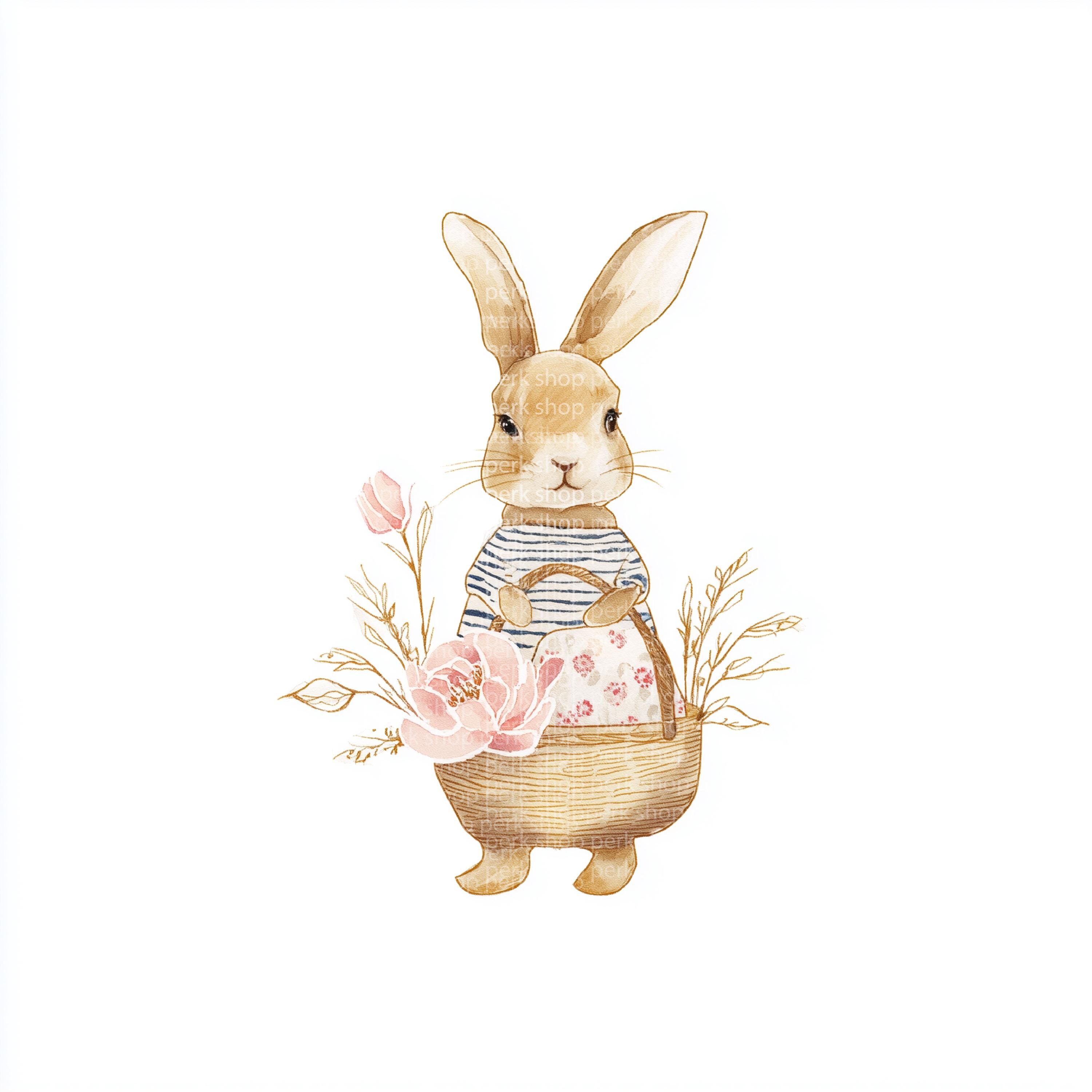 Easter Bunny Clipart: Spring Rabbit, Basket Flowers (digital Printable ...