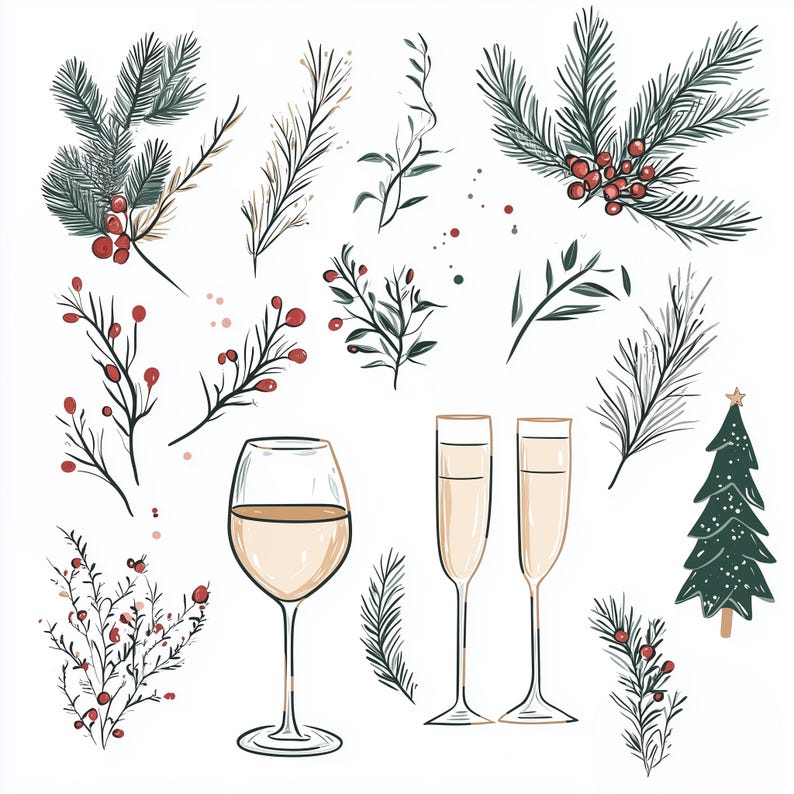 Vintage Christmas Icons, Hand Drawn Xmas Clipart, Coquette Dinner ...