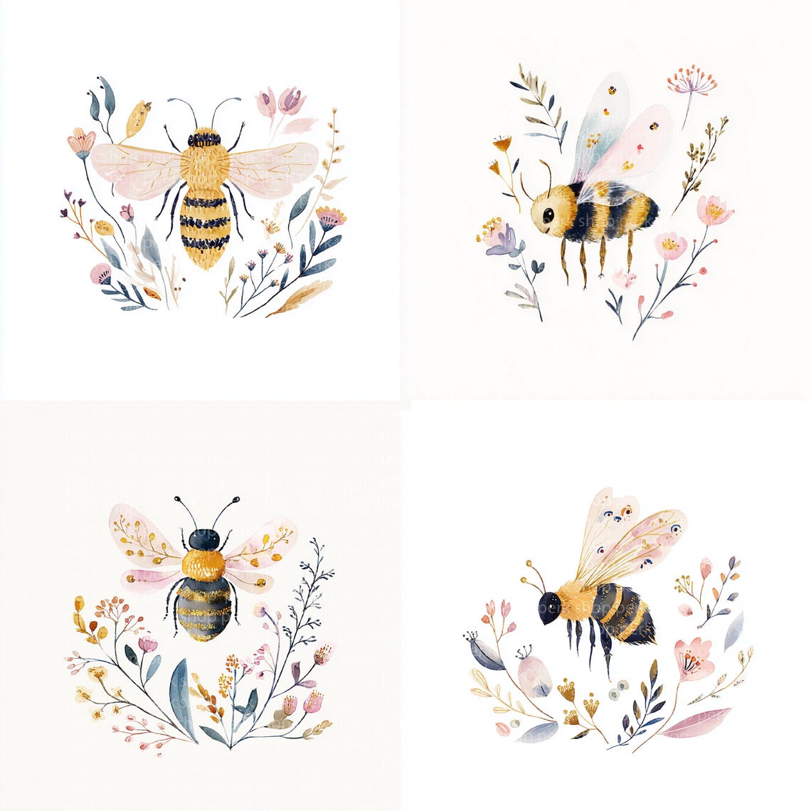 Watercolor Bee Clipart Bundle | Floral Honey Bee | Spring Bumblebee ...