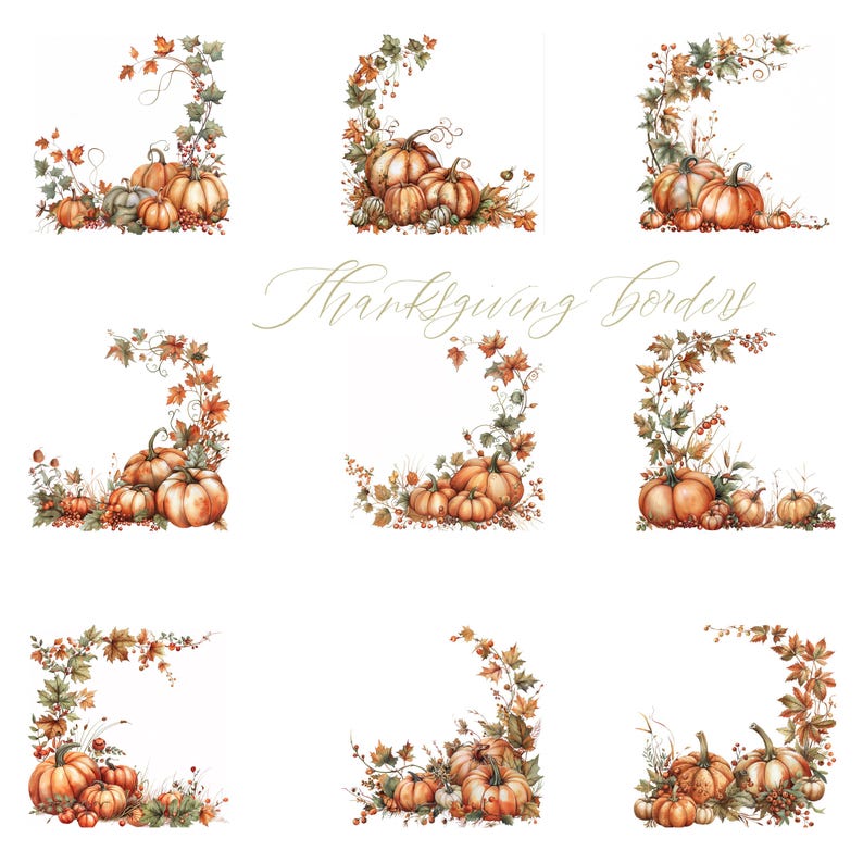 Watercolor Pumpkin Border Clipart: Fall Harvest Wreath (digital ...