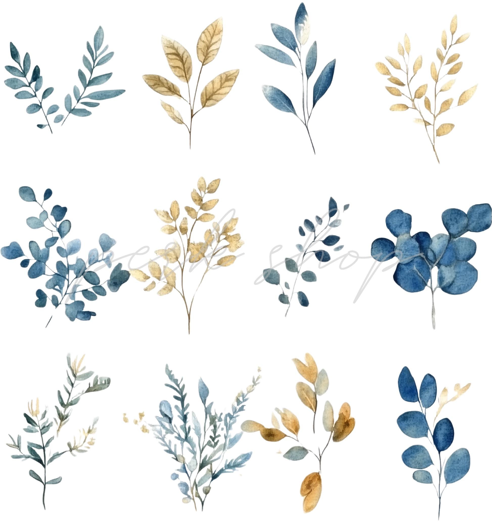 Blue and Gold Eucalyptus Watercolor Clipart: Mini Twigs (digital ...