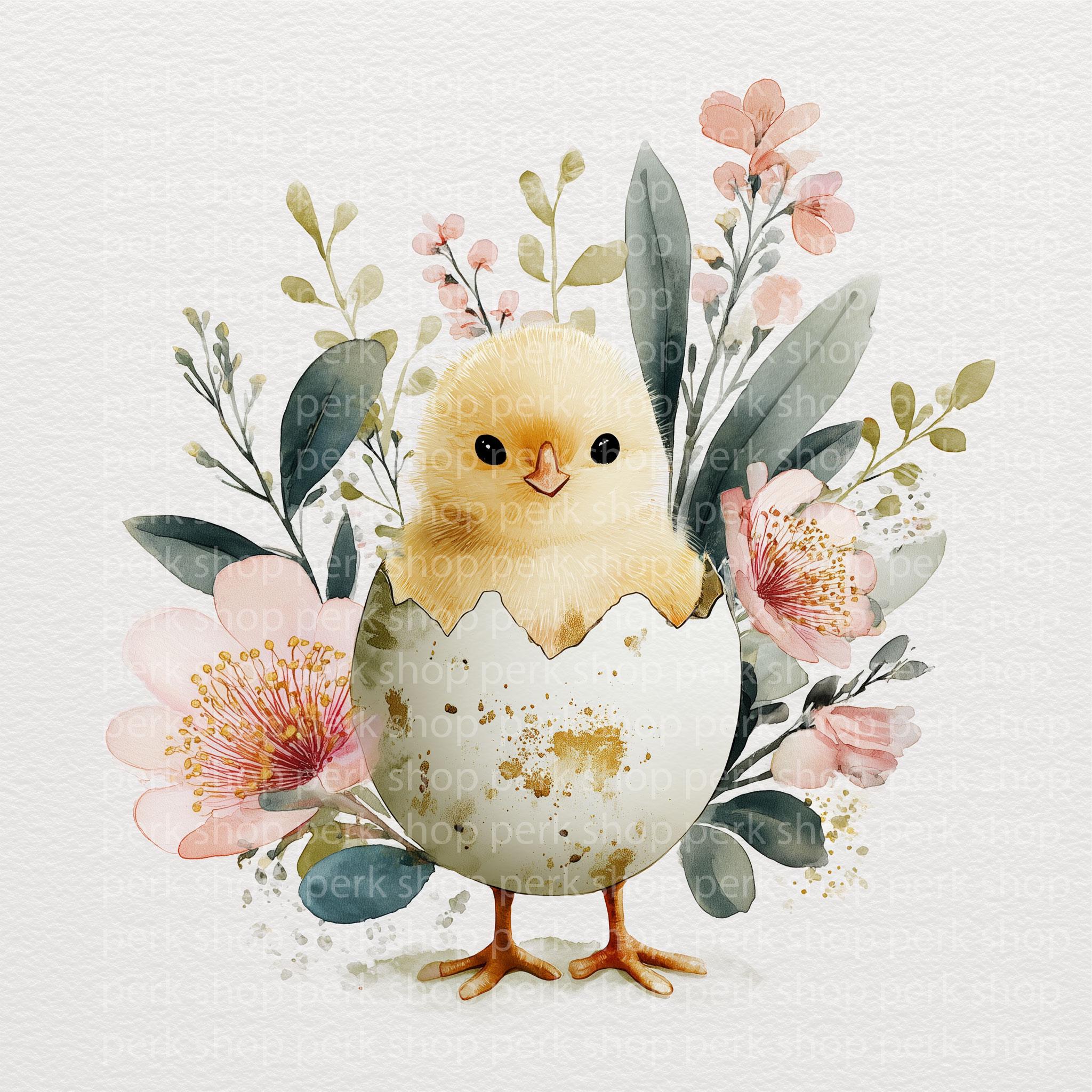 Easter Chick Hatching Clipart, Floral Chicken Egg, Printable Watercolor ...