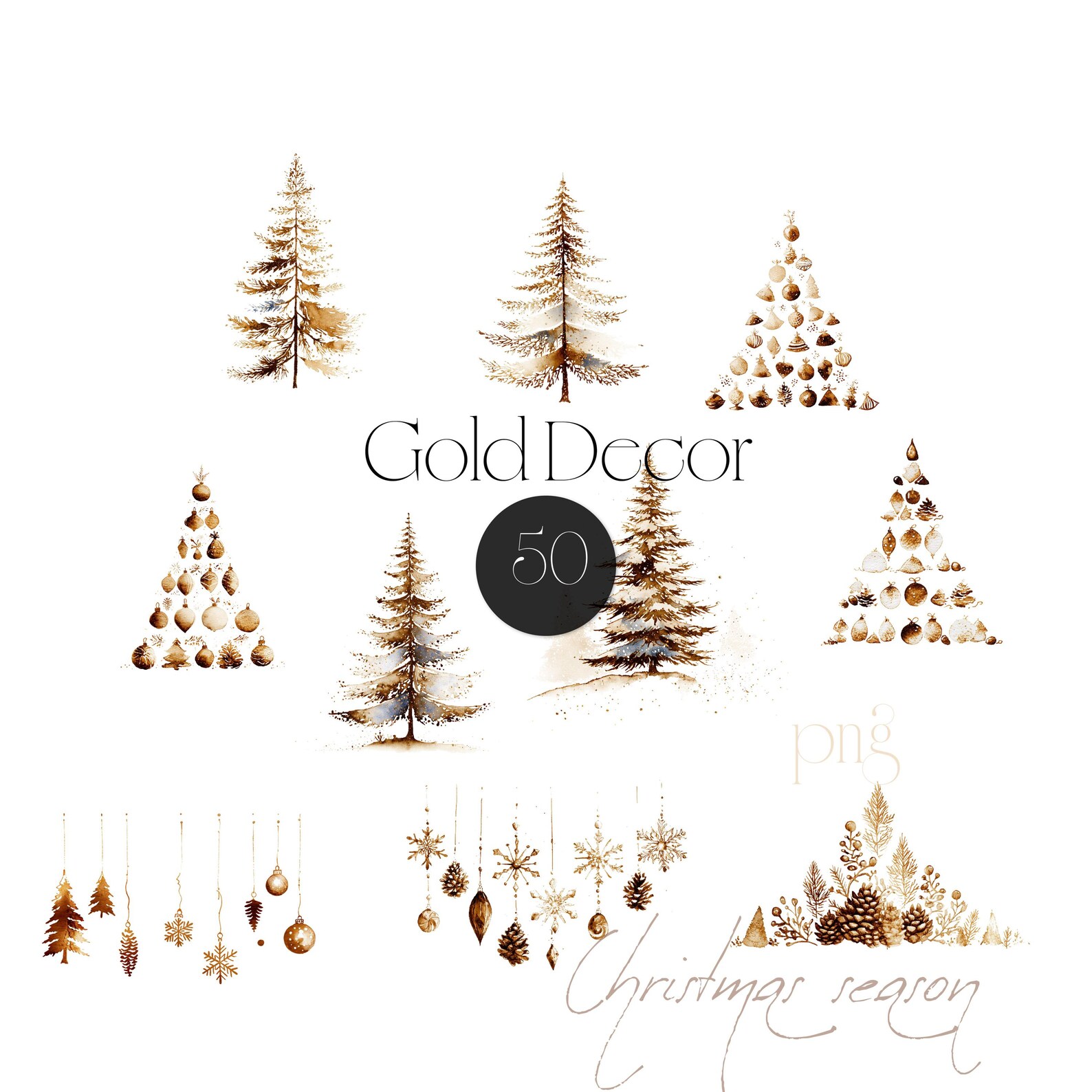 Gold Christmas Clipart Bundle - Watercolor Christmas Trees, Ornaments ...