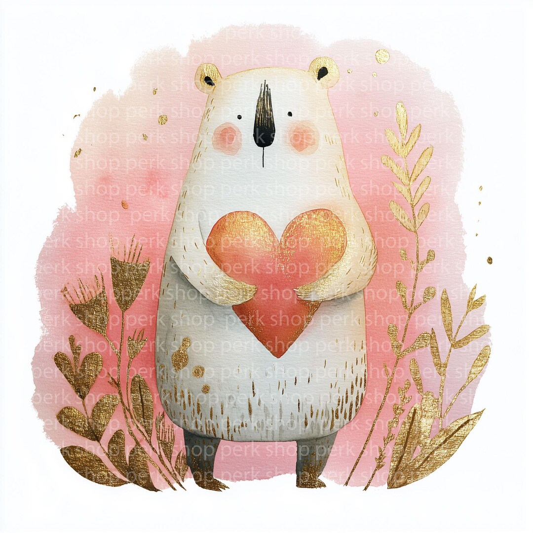 Watercolor Teddy Bear Love Clipart, Cute Bear With Heart, Pink Gold ...