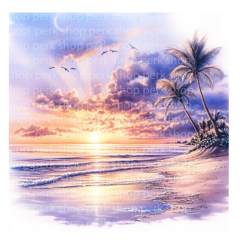 Watercolor Sunset Beach Clipart: Tropical Ocean Coast (digital Download ...