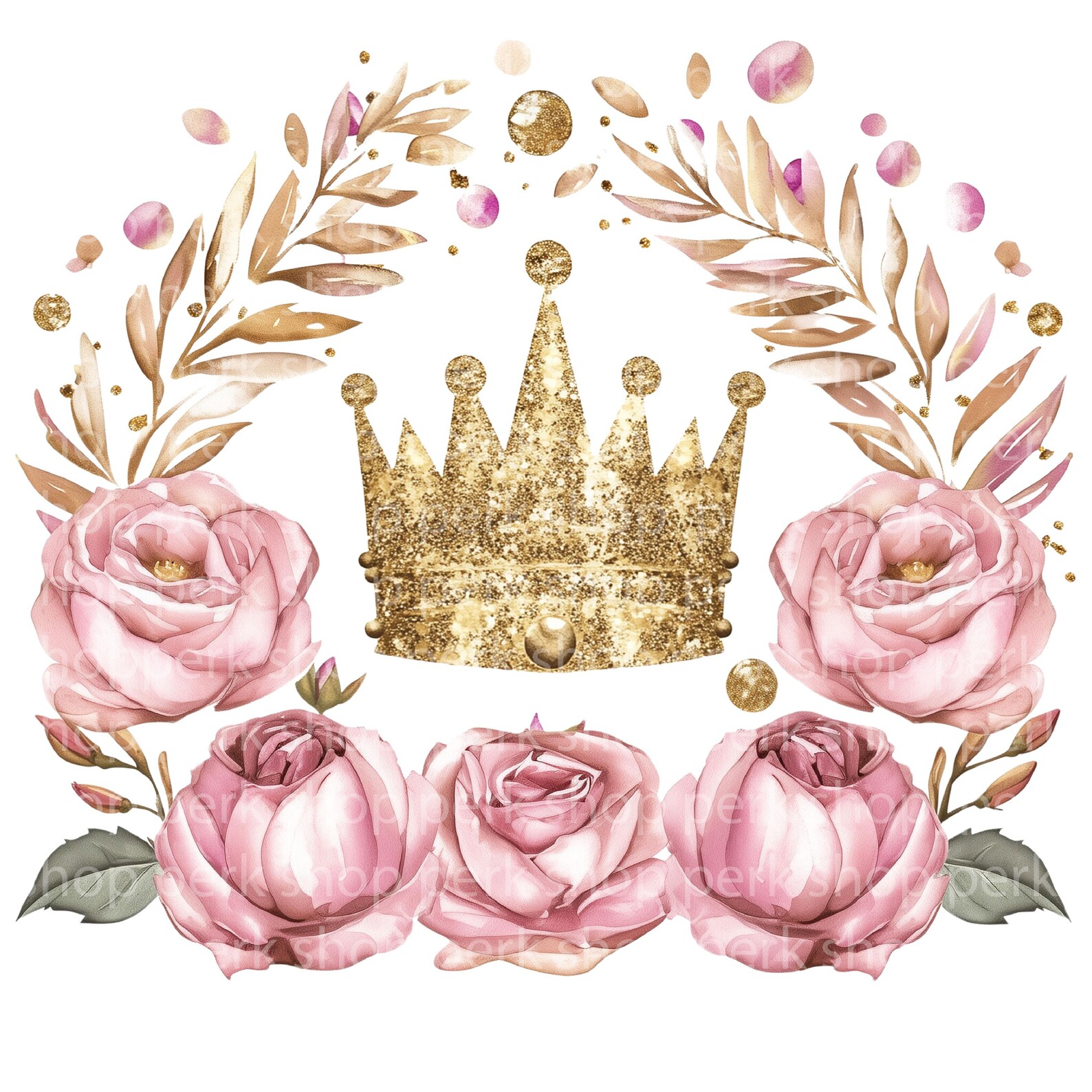 Rose Gold Crown Clipart, Preppy Crest PNG Floral Watercolor Printable ...