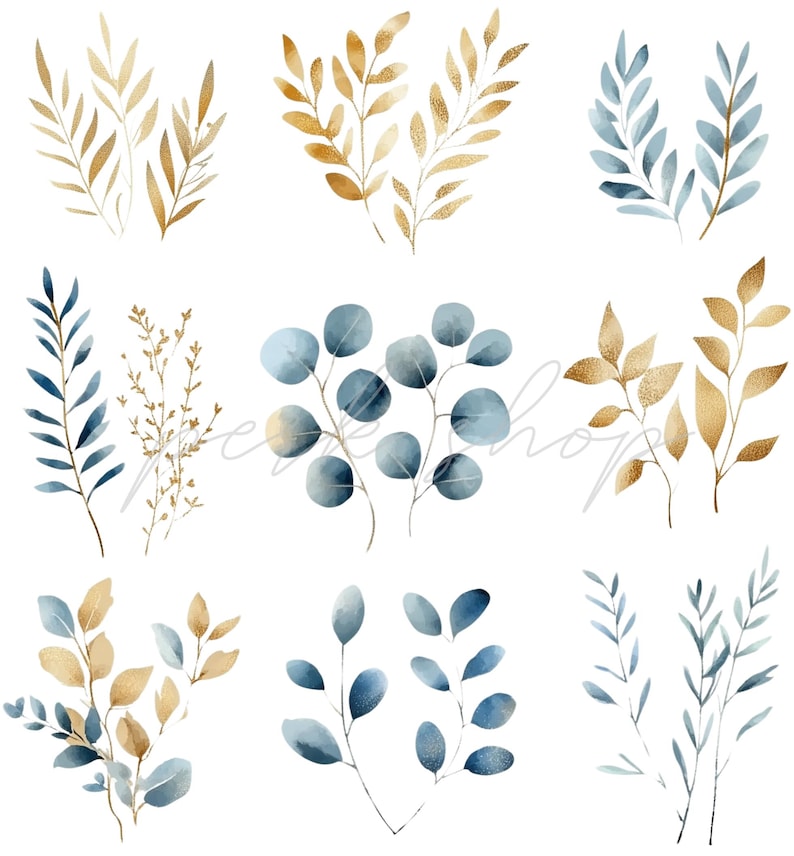Blue and Gold Eucalyptus Watercolor Clipart: Mini Twigs (digital ...