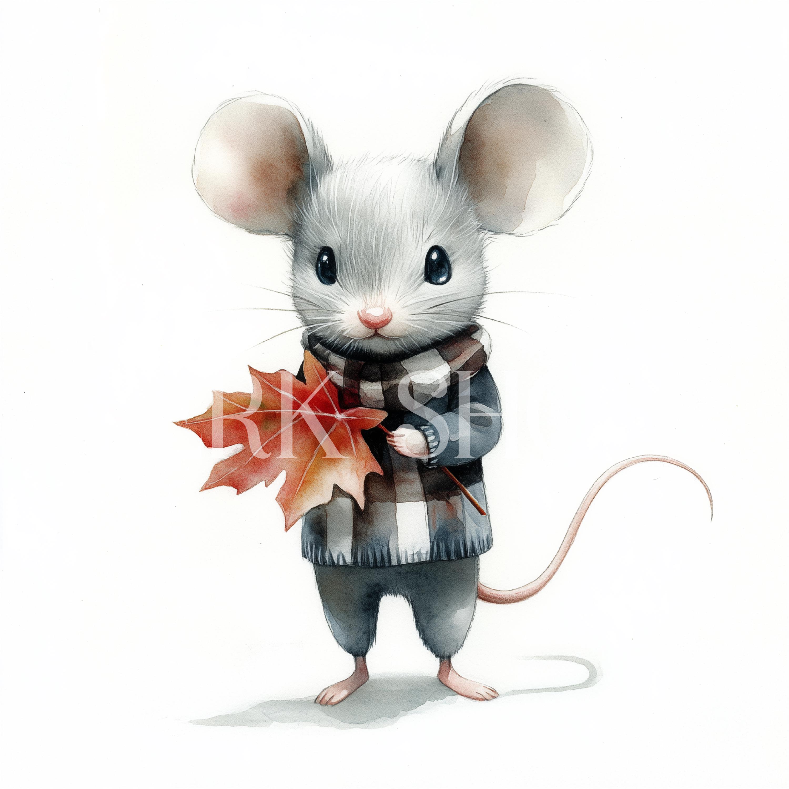 10 Cute Mouse With Autumn Leaf Clipart, Watercolor Animal, Cozy Fall ...