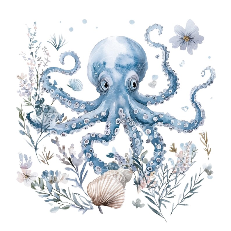 Watercolor Octopus Clipart: Nautical Coastal PNG Images (digital ...