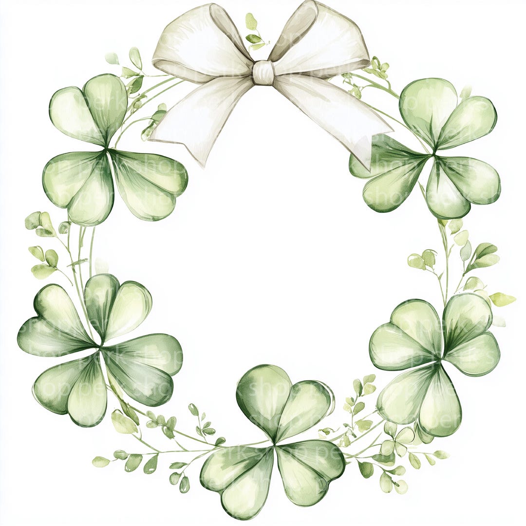 Shamrock Clipart, Clover Wreath, Floral Printable Watercolor Clipart ...