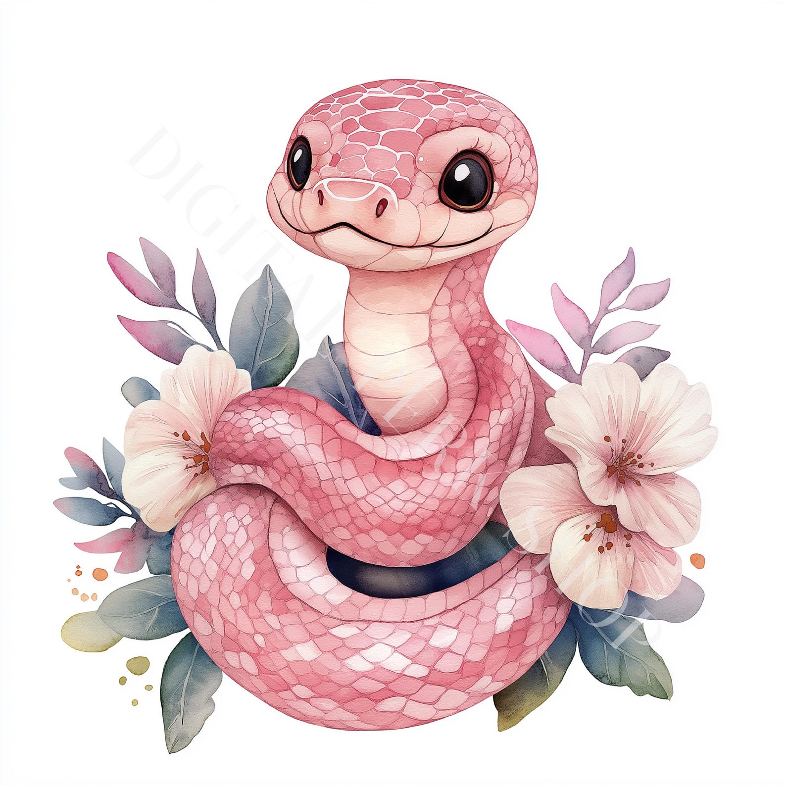 Baby Pink Snake Clipart, Cartoon Reptile Watercolor Digital Art ...