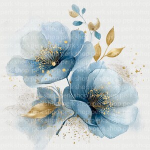 Blue Flower Abstract Watercolor Clipart: Blue & Gold Shimmer Floral Art ...