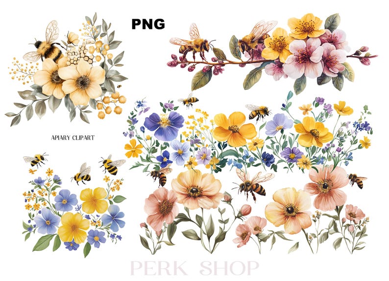 Floral Bee Watercolor Clipart: Wildflower PNG Borders (digital Download ...