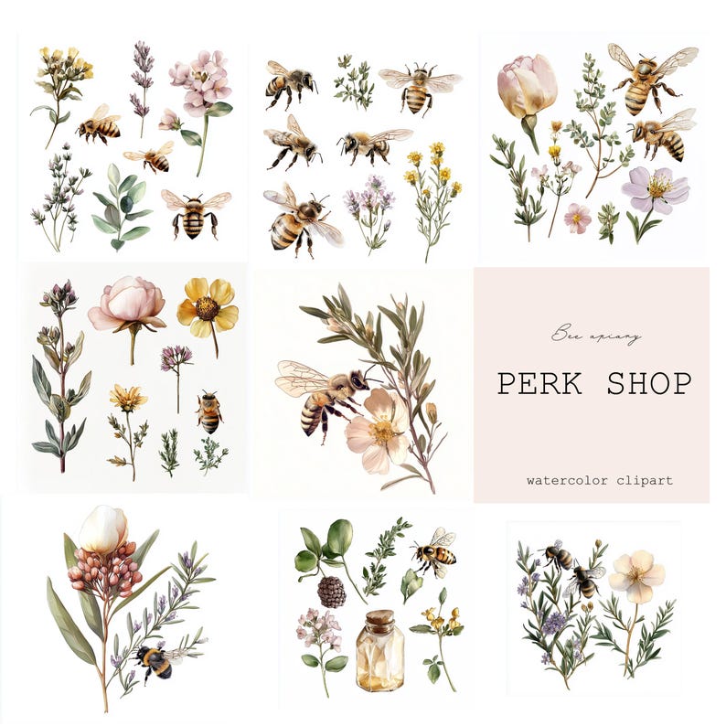 Floral Bee Watercolor Clipart: Wildflower Apiary Art (digital Download ...