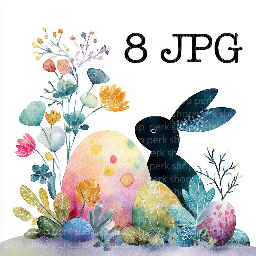 Watercolor Easter Bunny Clipart: Spring Flowers and Eggs (digital ...