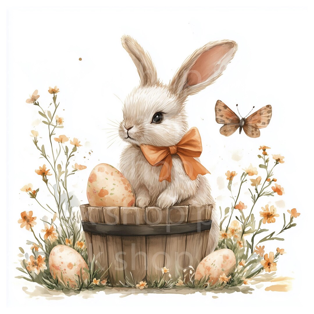 Easter Bunny Clipart, Spring Rabbit With Basket Flowers, Scrapbooking ...