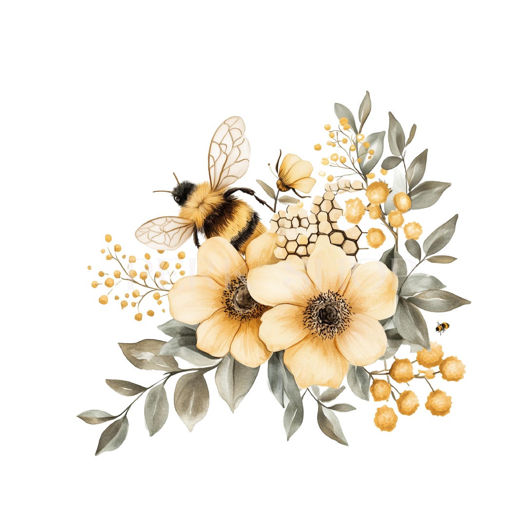 Floral Bee Watercolor Clipart: Wildflower PNG Borders (digital Download ...