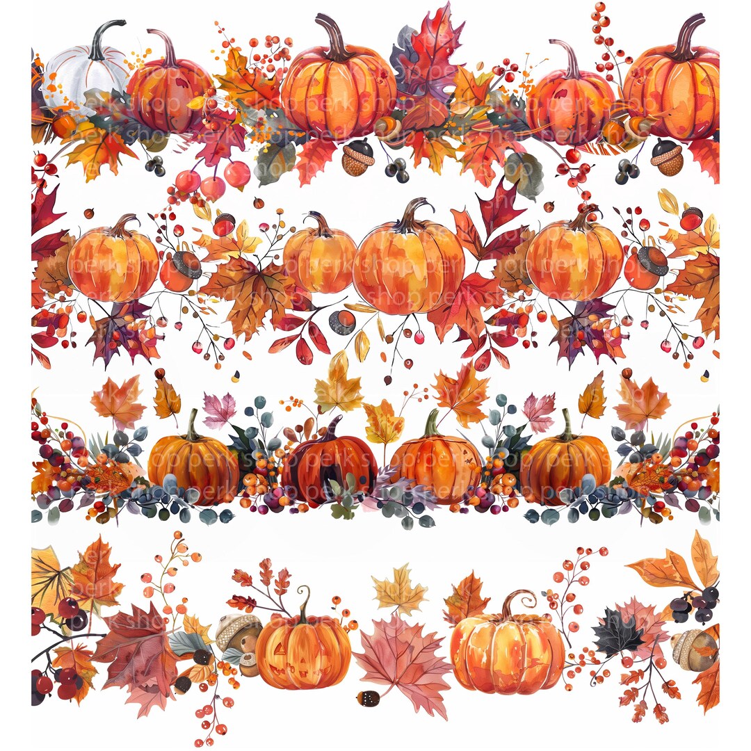 Autumn Pumpkin Border Clipart, Fall Watercolor Leaves Garland PNG ...