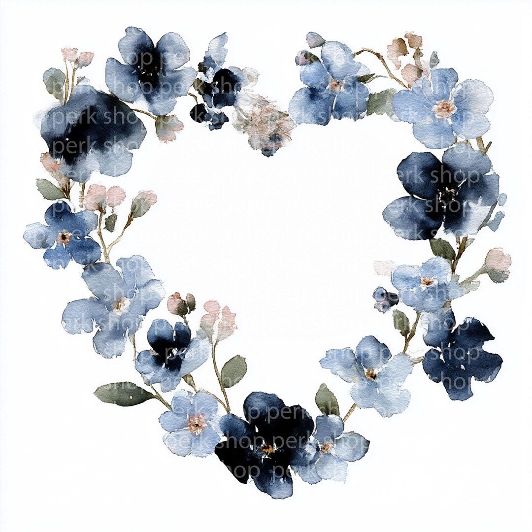 11 Watercolor Blue Floral Heart Clipart, Navy Dusty Blue Flower Frame ...