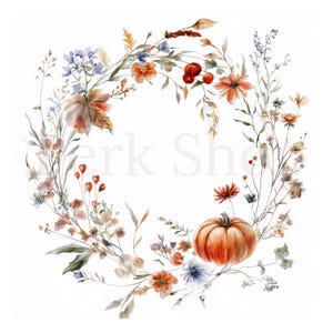 Autumn Watercolor Floral Wreaths Clipart: Fall Flowers, Leaves ...