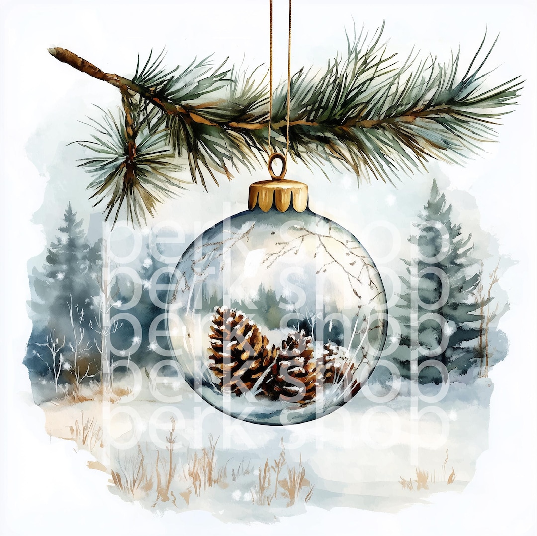 10 Christmas Tree Bauble Clipart, Winter Landscape Watercolor Art ...