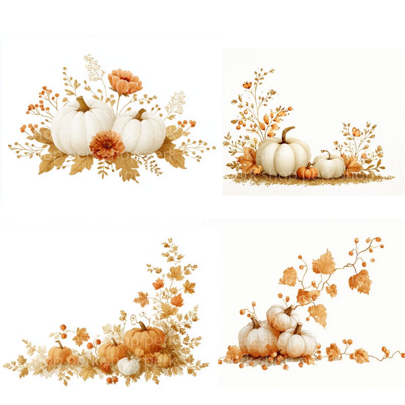 Watercolor Pumpkin Corner Clipart, Autumn Leaves Border, Fall Floral ...