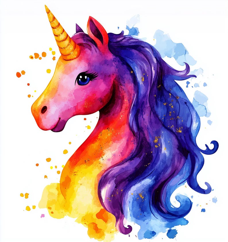 Watercolor Unicorn Clipart: Rainbow Fantasy Animal Art (digital ...
